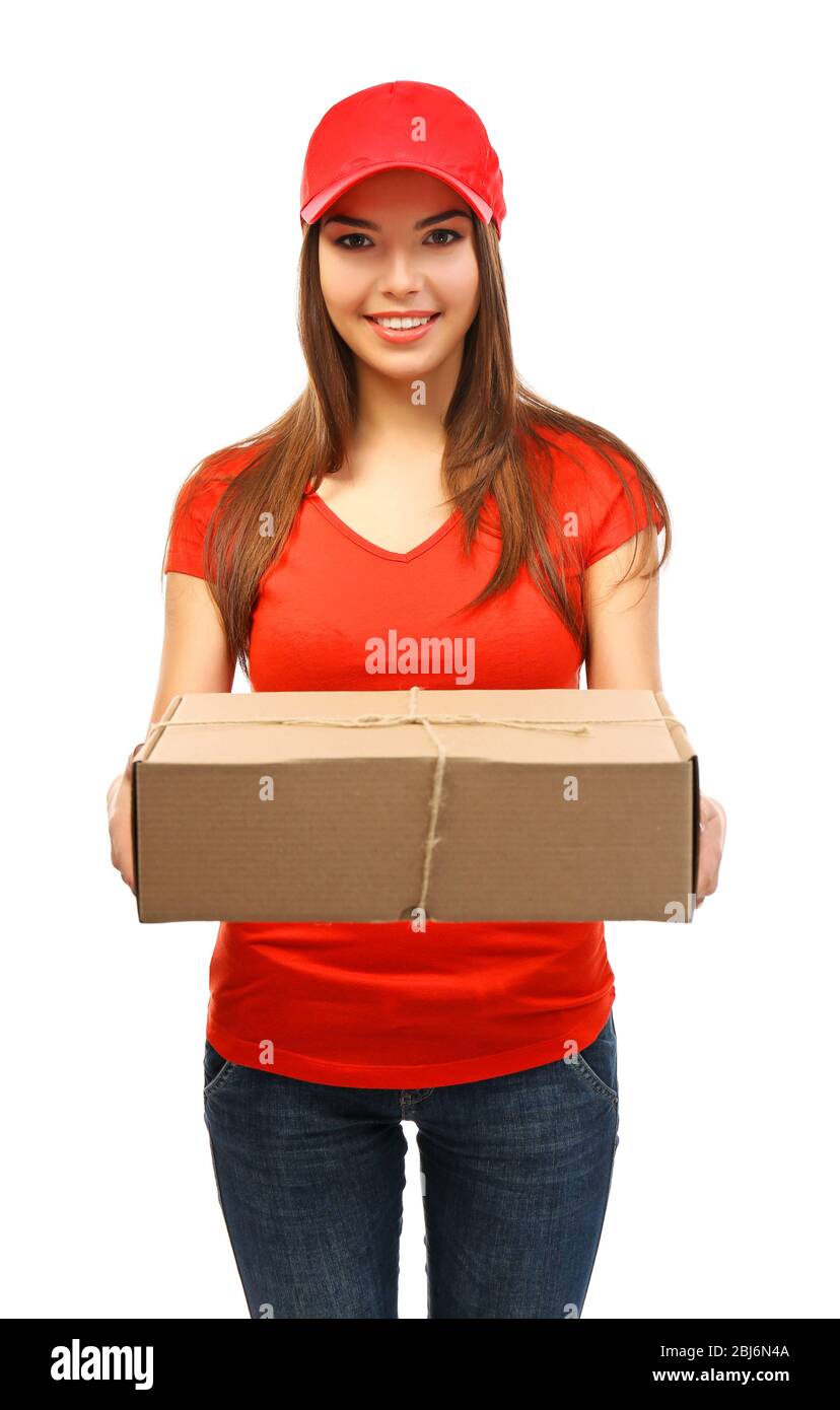 Young attractive delivery woman with a carton package, isolated on ...