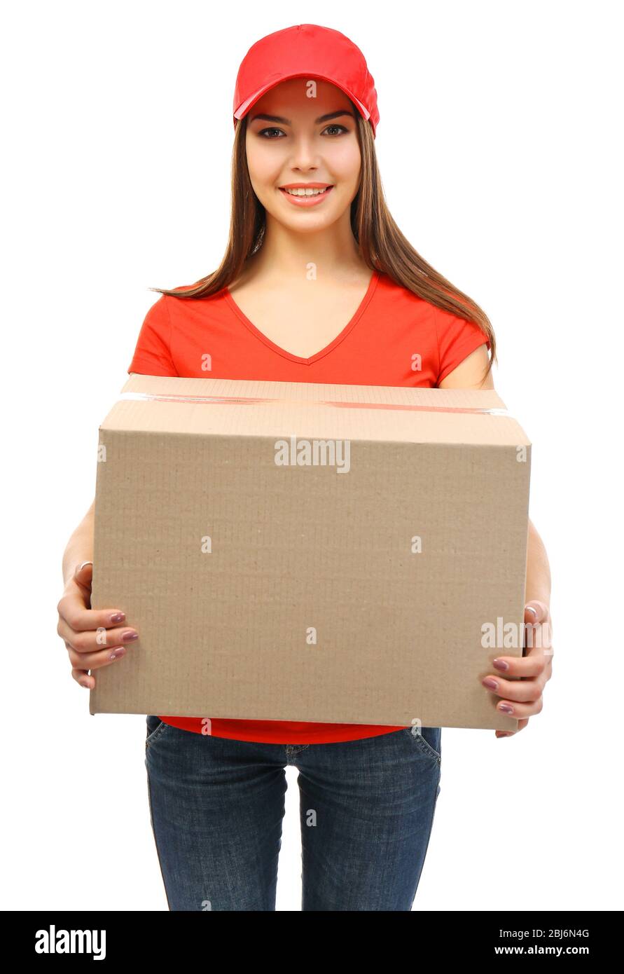 Young attractive delivery woman with a carton package, isolated on ...