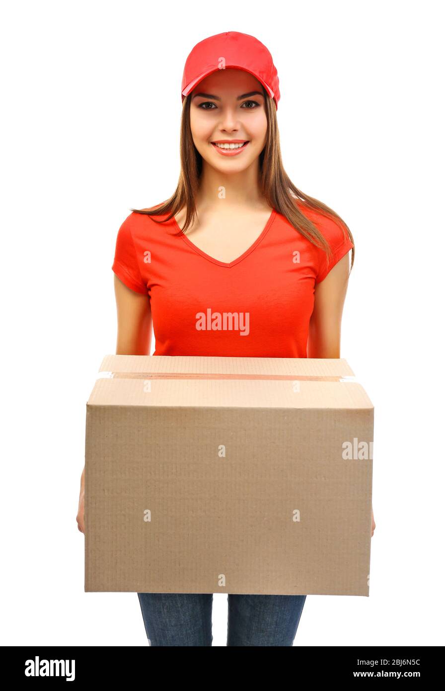 Young attractive delivery woman with a carton package, isolated on ...
