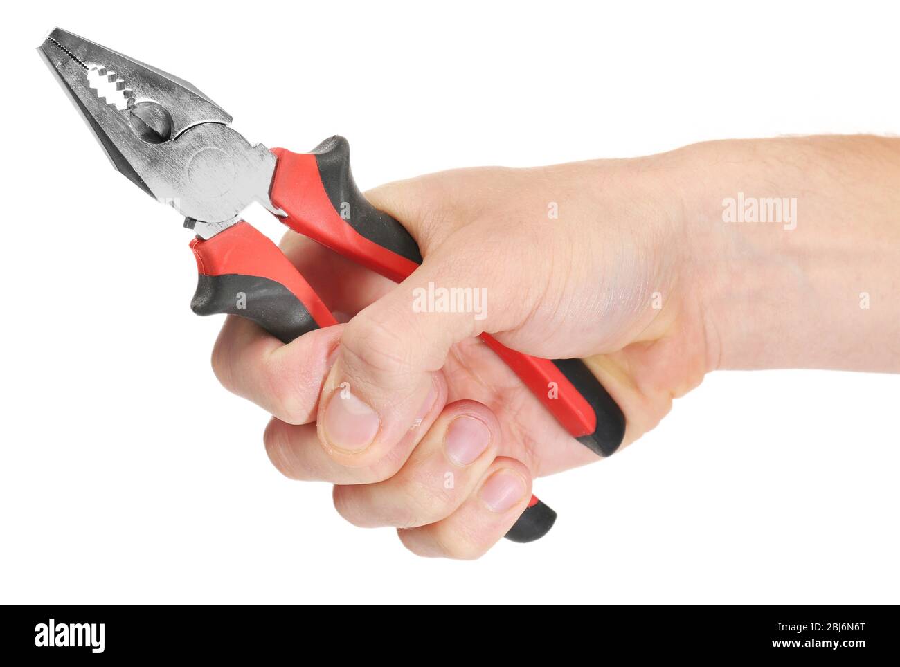 A hand of repairman holding pliers, on white background, close-up Stock ...