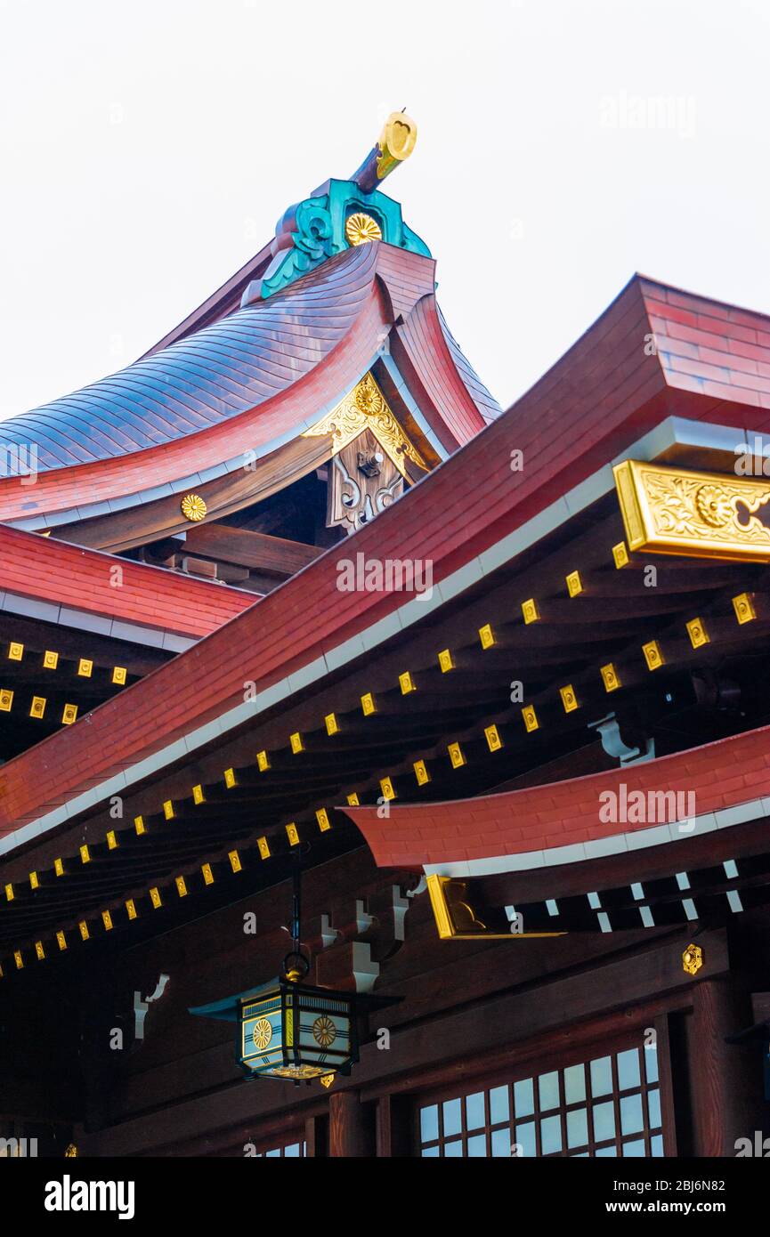Details of the copper tiled roof and gold plated seals of the Meiji ...