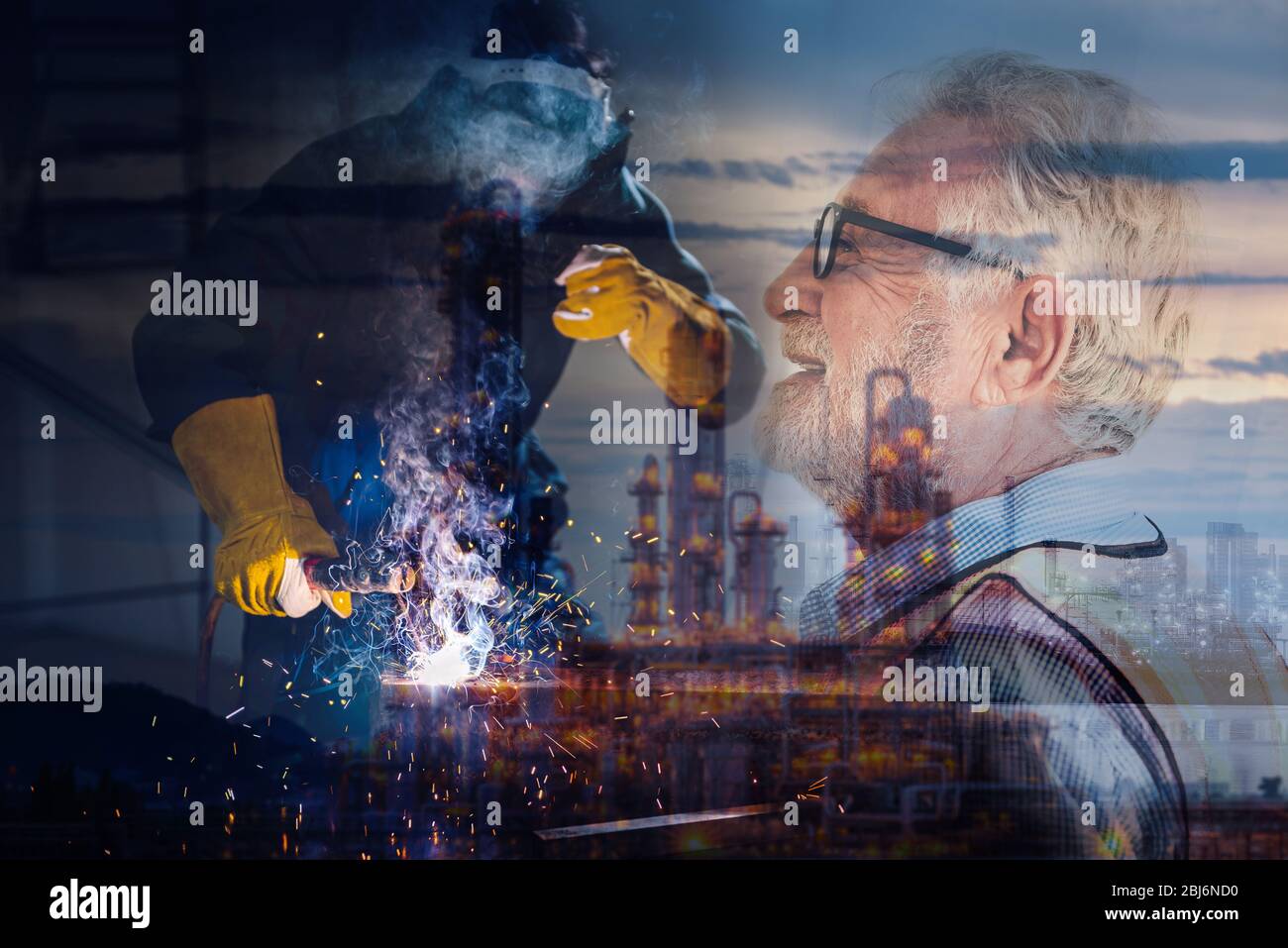 Double Exposure of Welder is Welding Pipeline Fabrication Assembly on ...