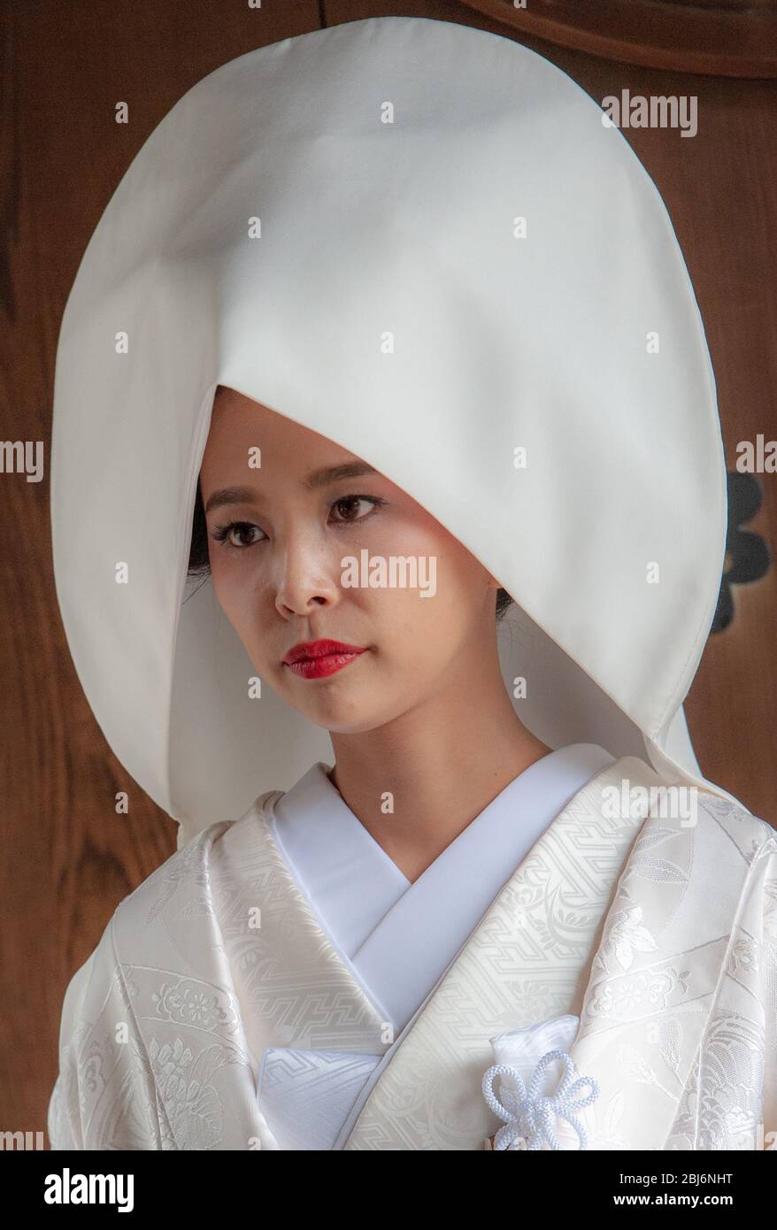 Japanese bride wearing traditional kimono and Tsunokakushi head cover ...