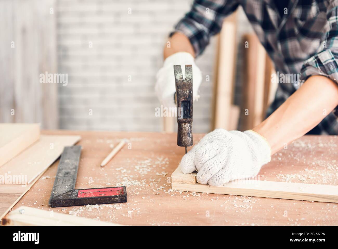 Carpenter Man is Working Timber Woodworking in Carpentry Shop ...