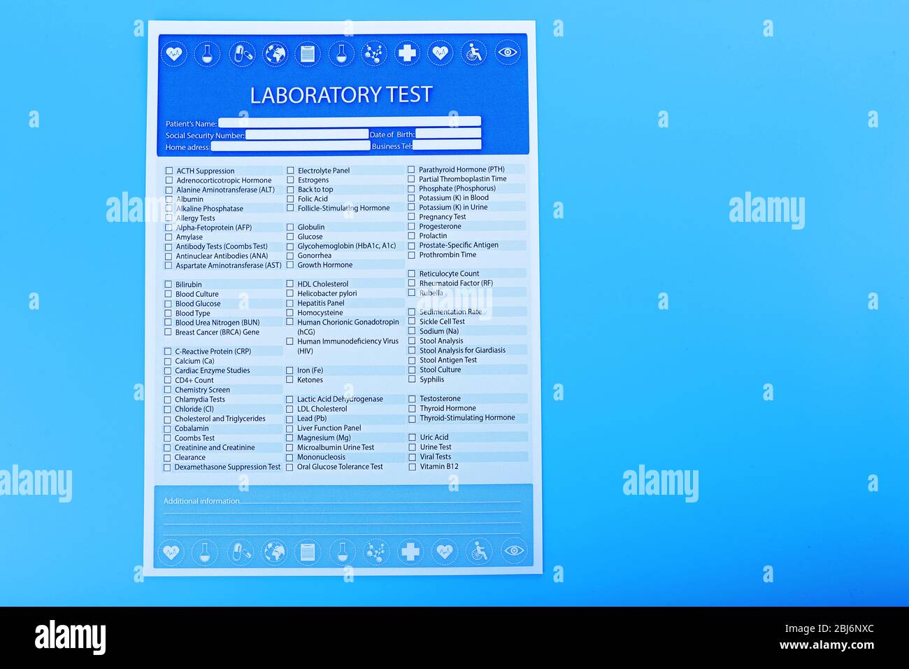 Laboratory test list on blue background, close up Stock Photo - Alamy