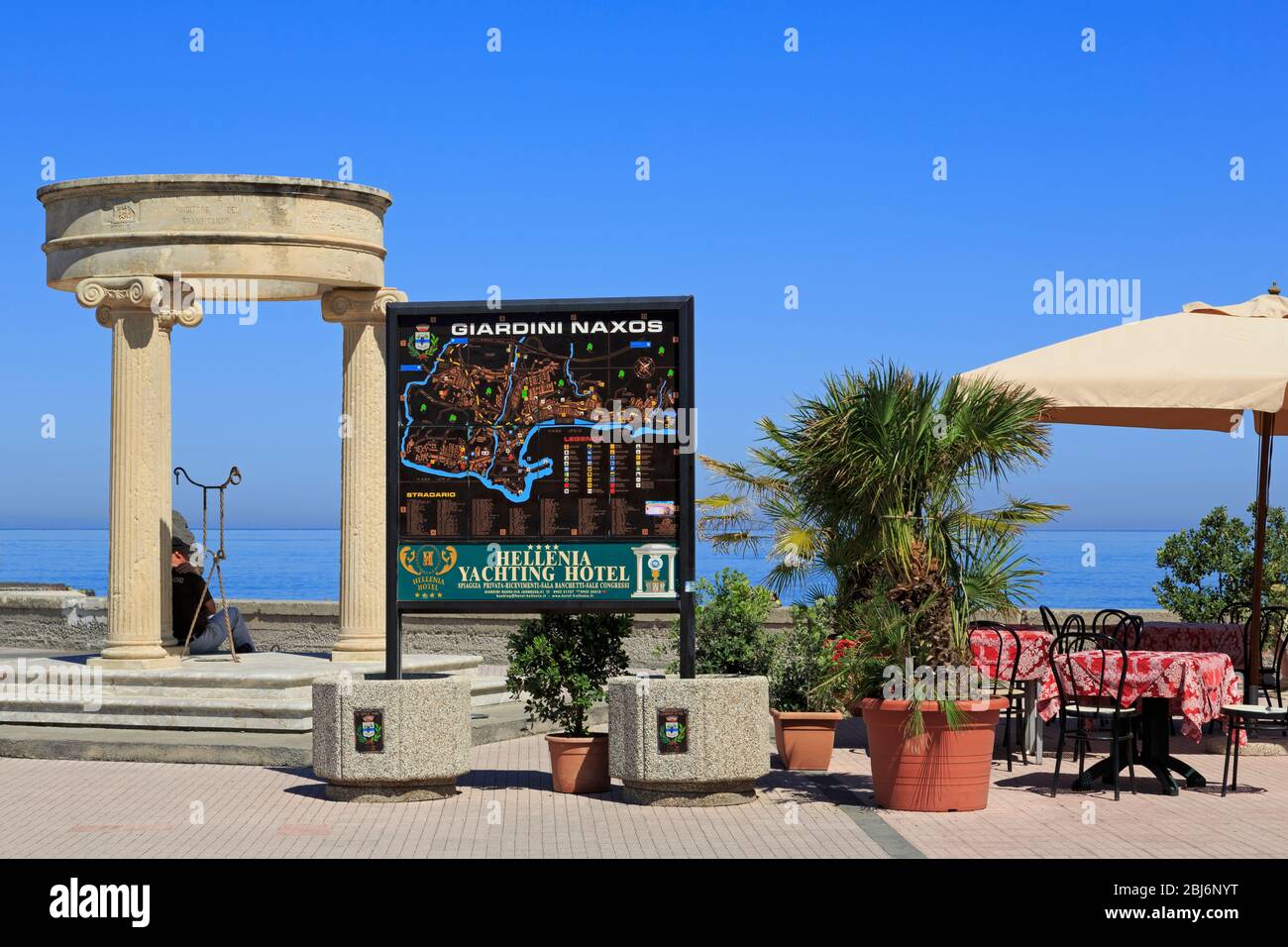 Monument on the pier, Port of Giardini Naxos, Sicily Island, Italy ...