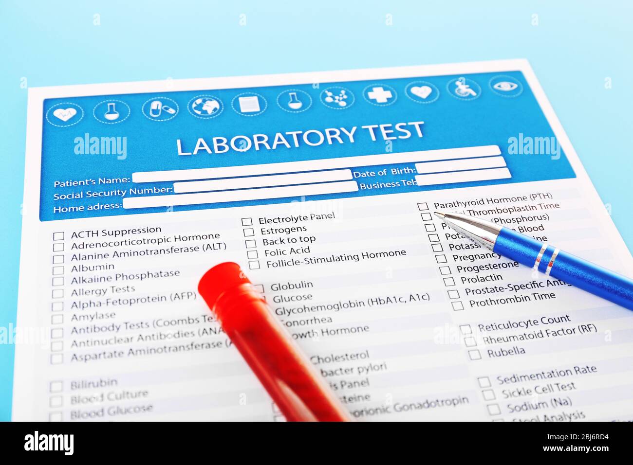 Blood in test tubes, pen and investigation form on the table Stock ...