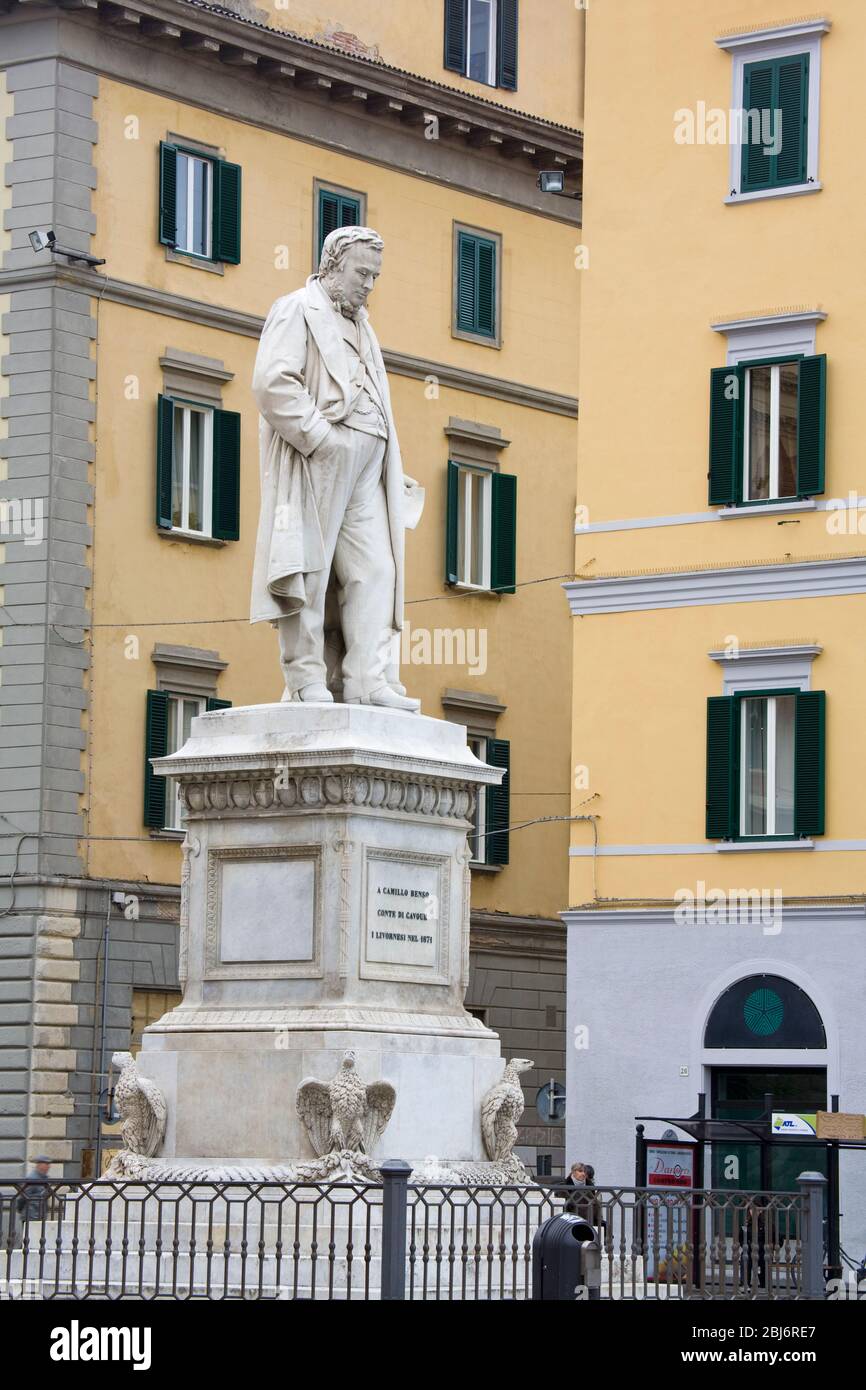 Camillo Benso statue in Cavour Square, Port of Livorno, Tuscany, Italy ...
