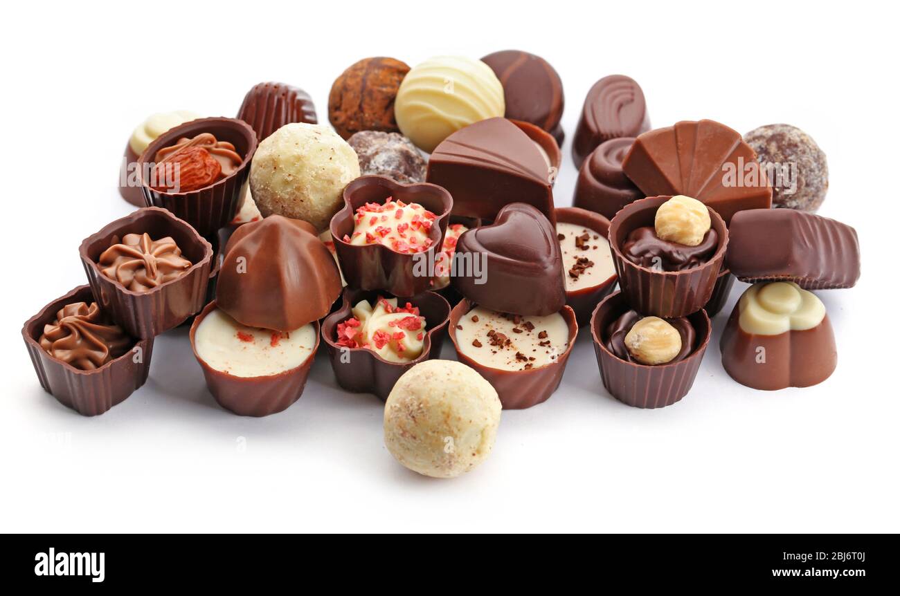 Assorted collection of chocolate candies and sweets, isolated on white ...