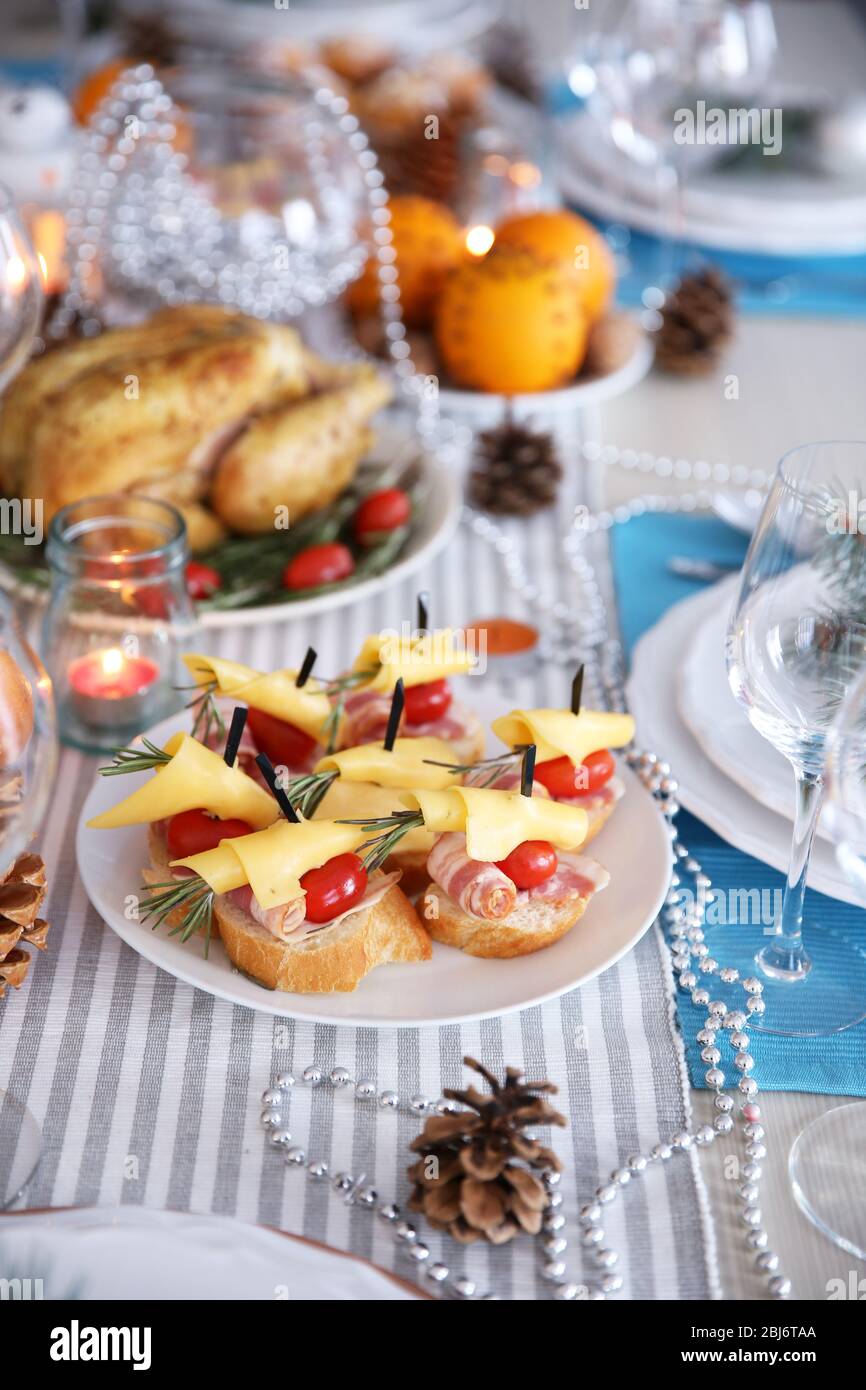 Tasty canapes for festive dinner. Thanksgiving day table setting Stock ...