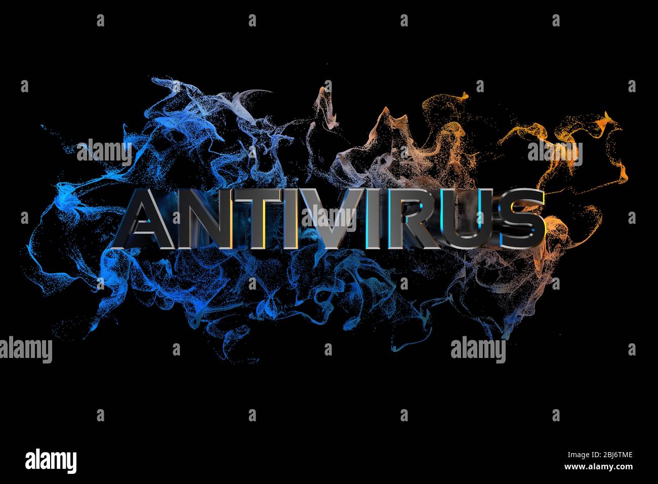 Antivirus text about Coronavirus COVID-19. Made by steel and flying ...