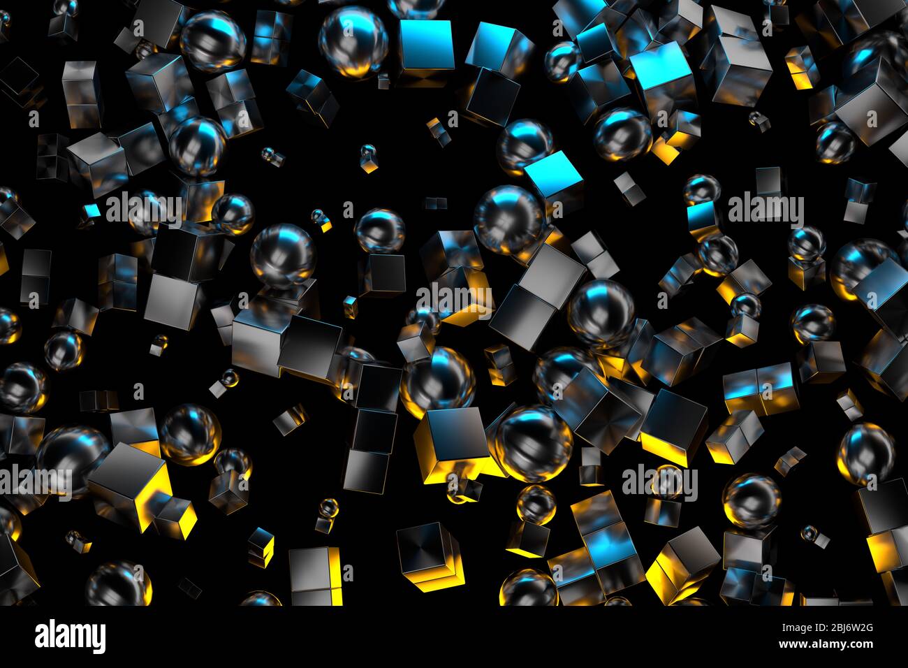 abstract background with flying metal boxes and spheres on a black ...