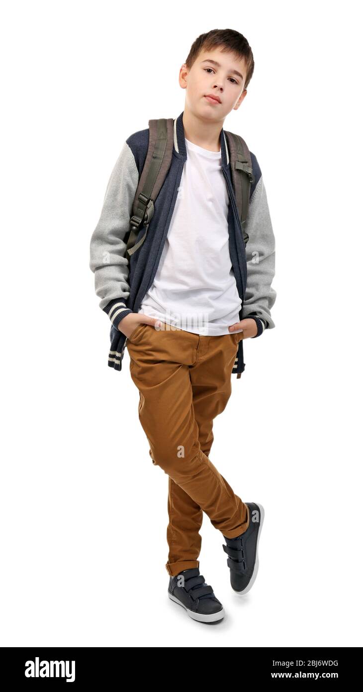 Cute little boy with grey backpack, isolated on white Stock Photo - Alamy