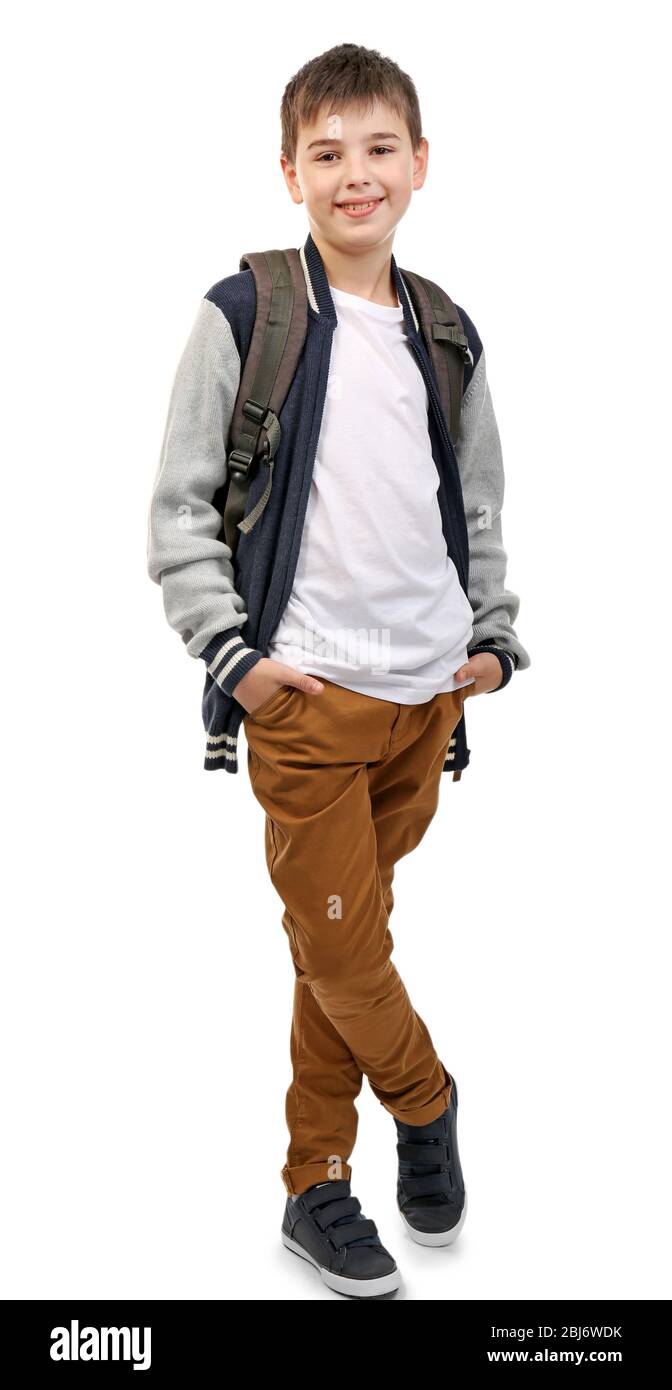 Cute little boy with grey backpack, isolated on white Stock Photo - Alamy