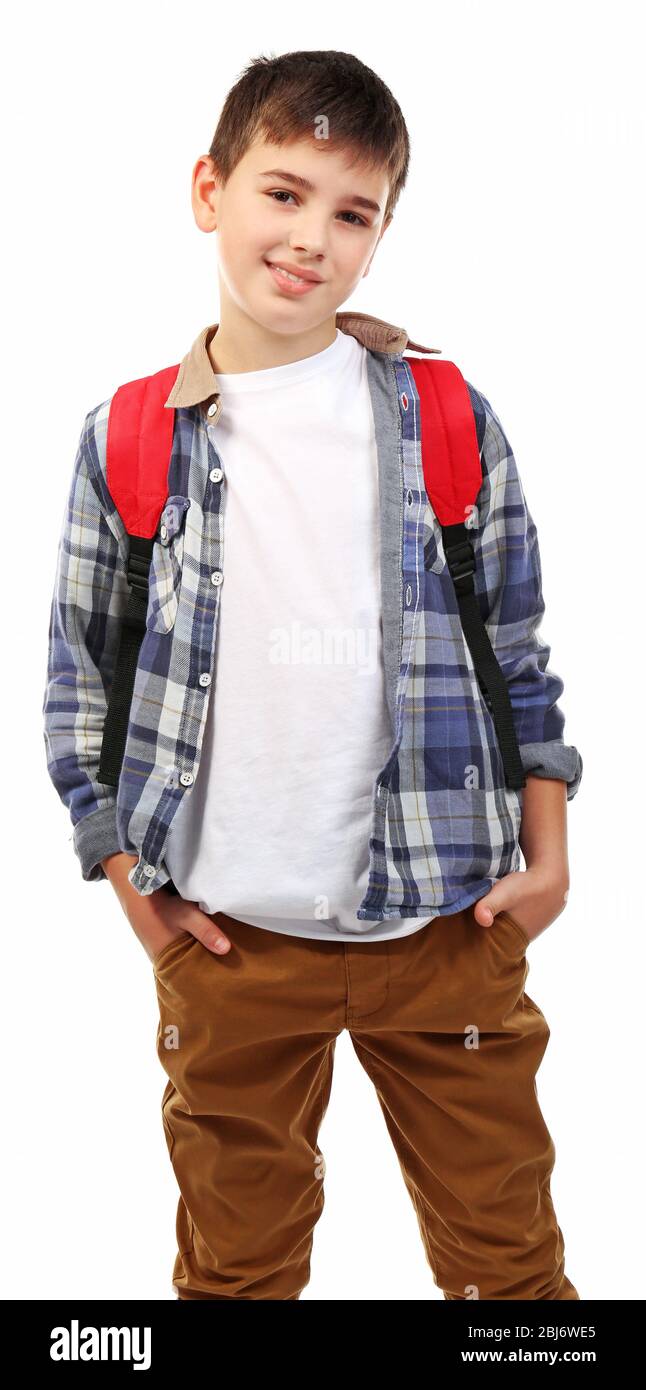Cute little boy with red backpack, isolated on white Stock Photo - Alamy