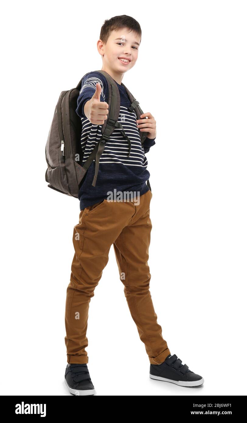 Happy cute little boy with grey backpack, isolated on white Stock Photo ...