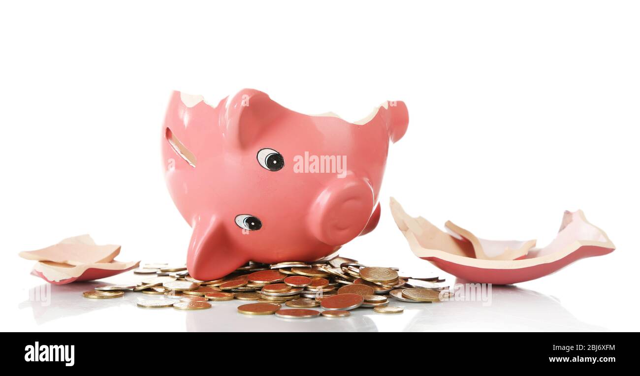 Broken piggy bank isolated on white background Stock Photo - Alamy