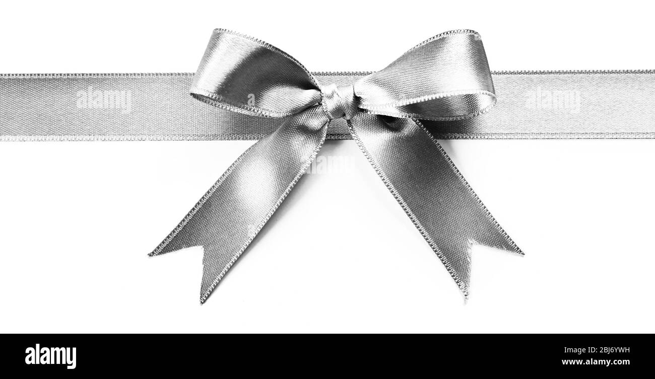Silver silk ribbon with beautiful bow isolated on white background ...