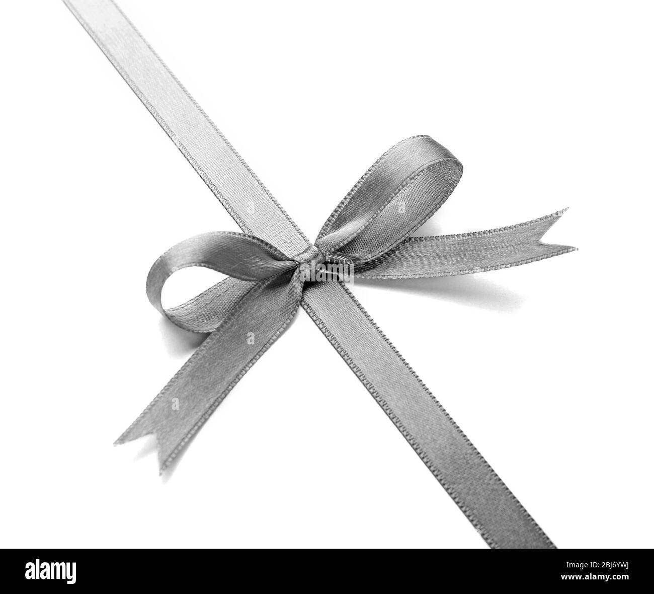 Silver silk ribbon with beautiful bow isolated on white background ...
