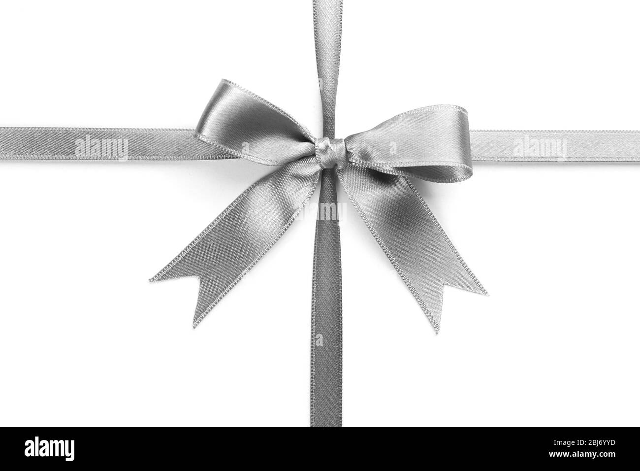 Silver silk ribbon with beautiful bow isolated on white background ...