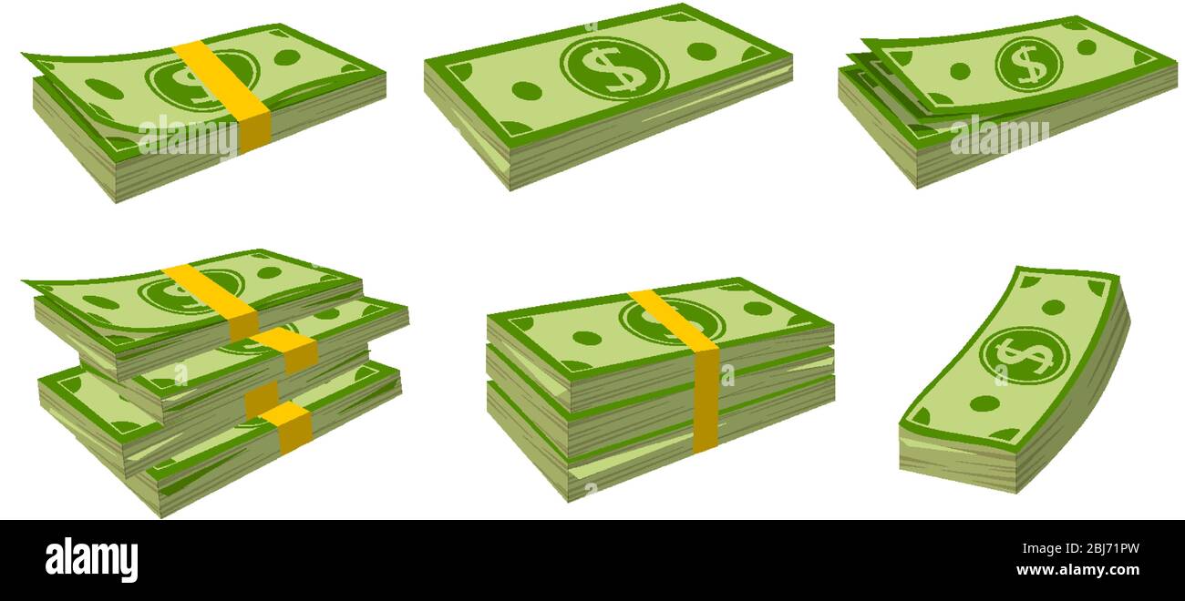 Money banknotes flat cartoon set. Packing in bundles bank notes. Green ...