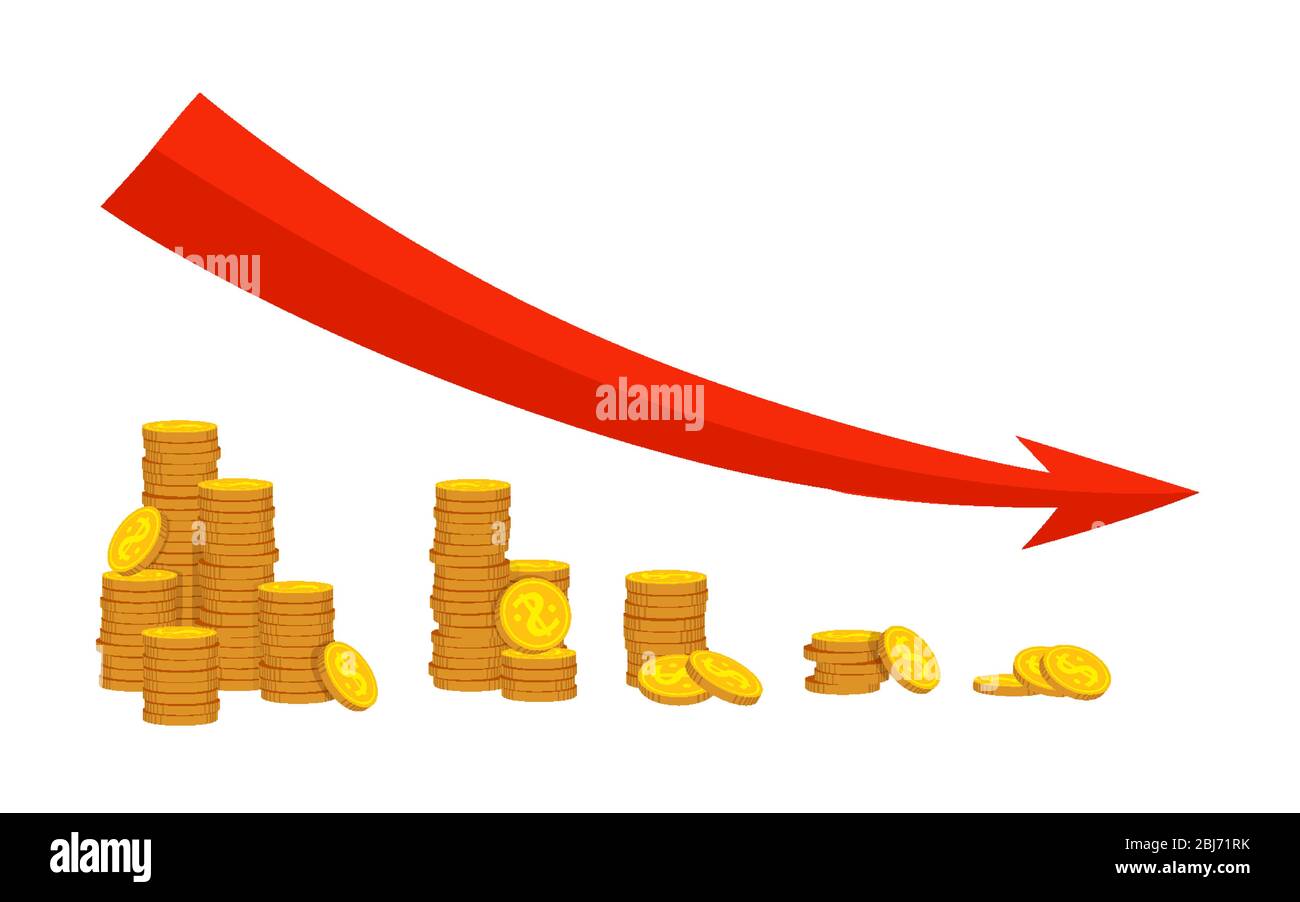 Stacks gold coin flat cartoon set. Falling chart financial schedule red ...