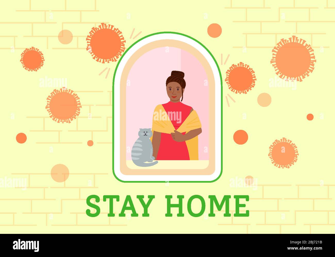 House facade with windows, girl look out of apartment with cat, cartoon ...