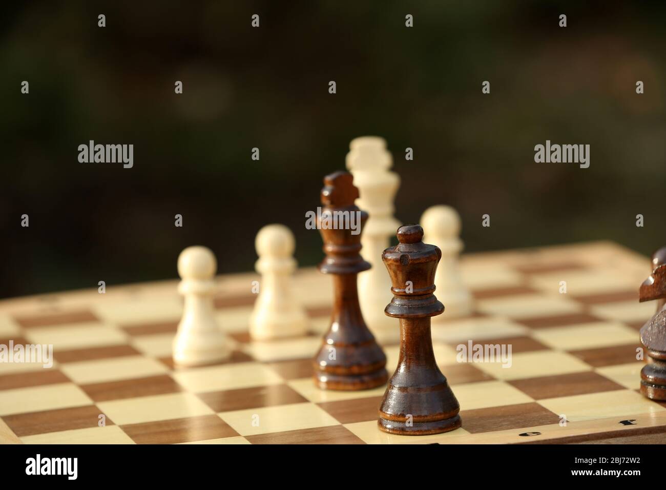 Chess pieces and game board on nature background Stock Photo - Alamy