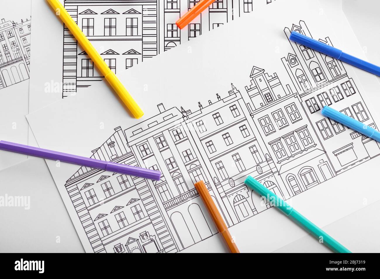 Drawing of buildings and colour felt pens Stock Photo - Alamy