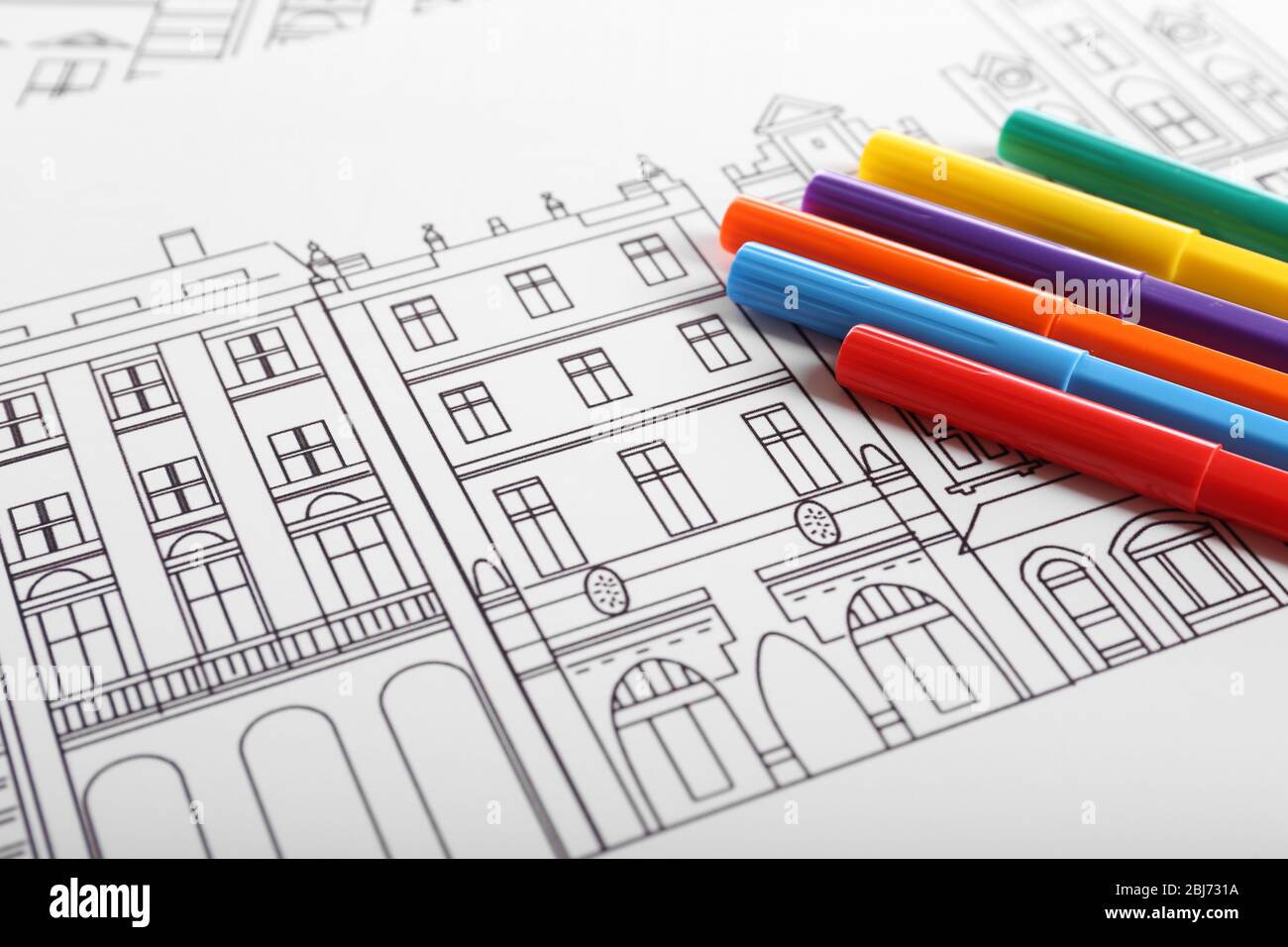 Drawing of buildings and colour felt pens Stock Photo - Alamy