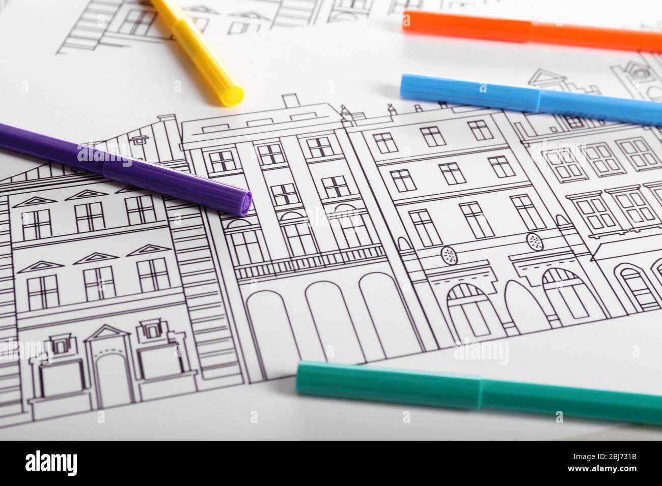 Drawing of buildings and colour felt pens Stock Photo - Alamy