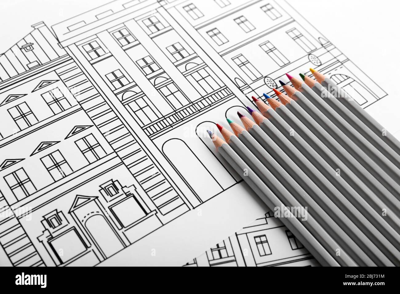 Drawing of buildings and colour pencils Stock Photo - Alamy
