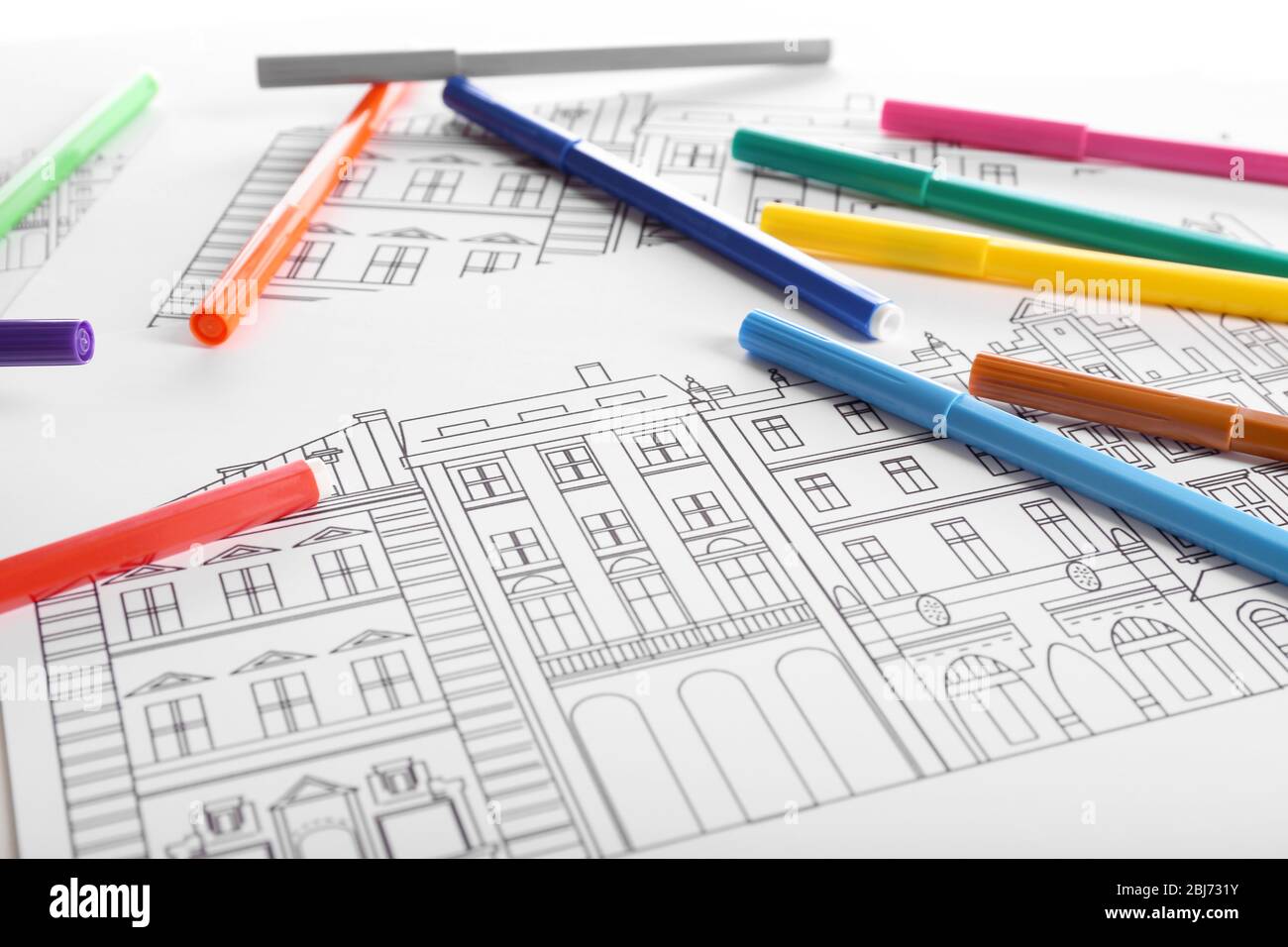 Drawing of buildings and colour felt pens Stock Photo - Alamy