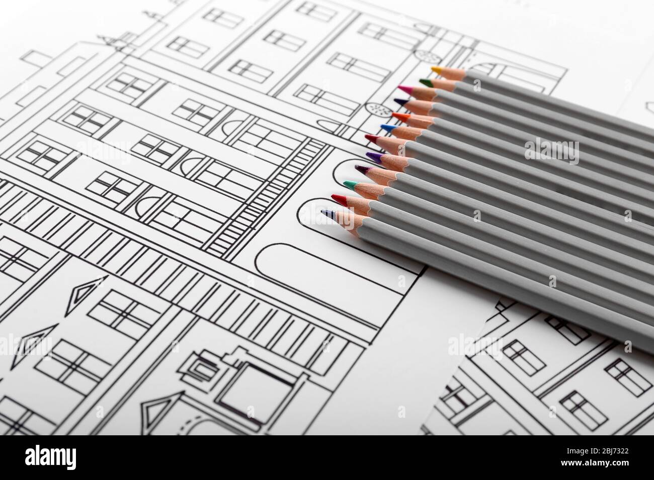 Drawing of buildings and colour pencils Stock Photo - Alamy