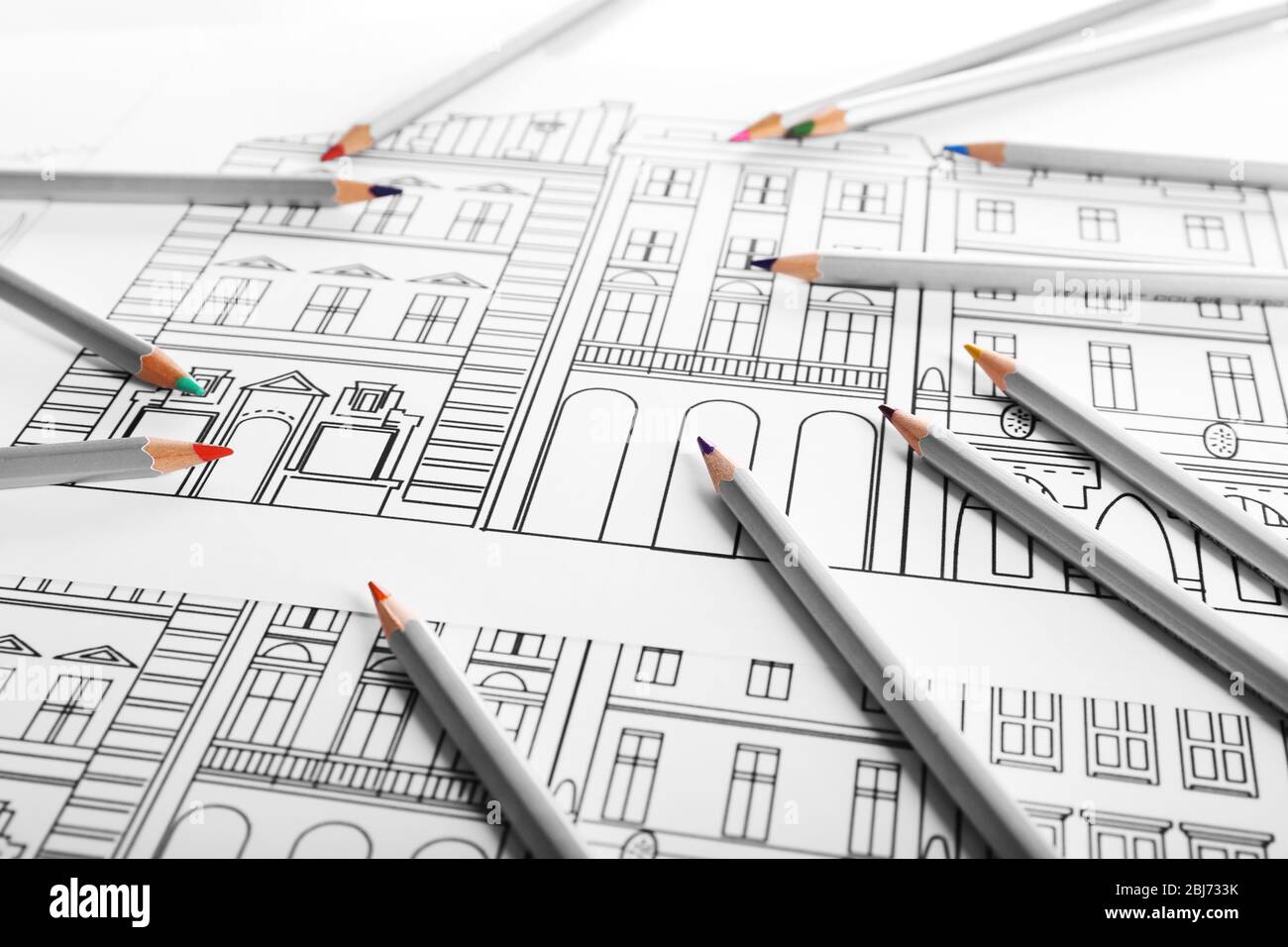 Drawing of buildings and colour pencils Stock Photo - Alamy