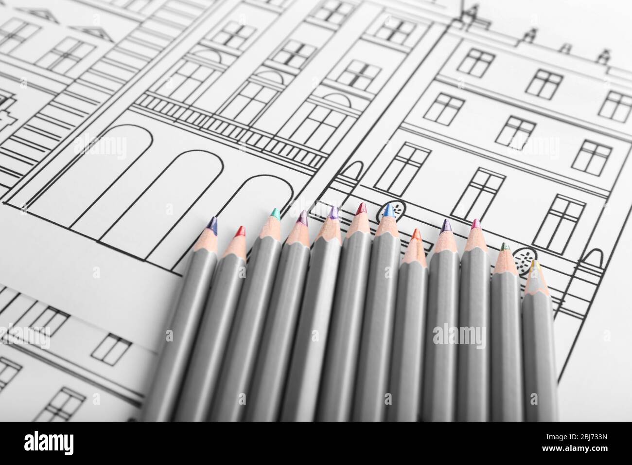 Drawing of buildings and colour pencils Stock Photo - Alamy