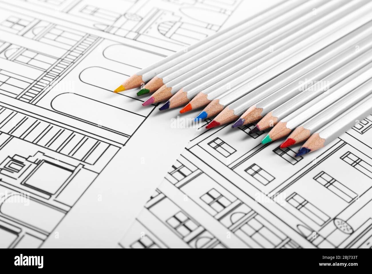 Drawing of buildings and colour pencils Stock Photo - Alamy