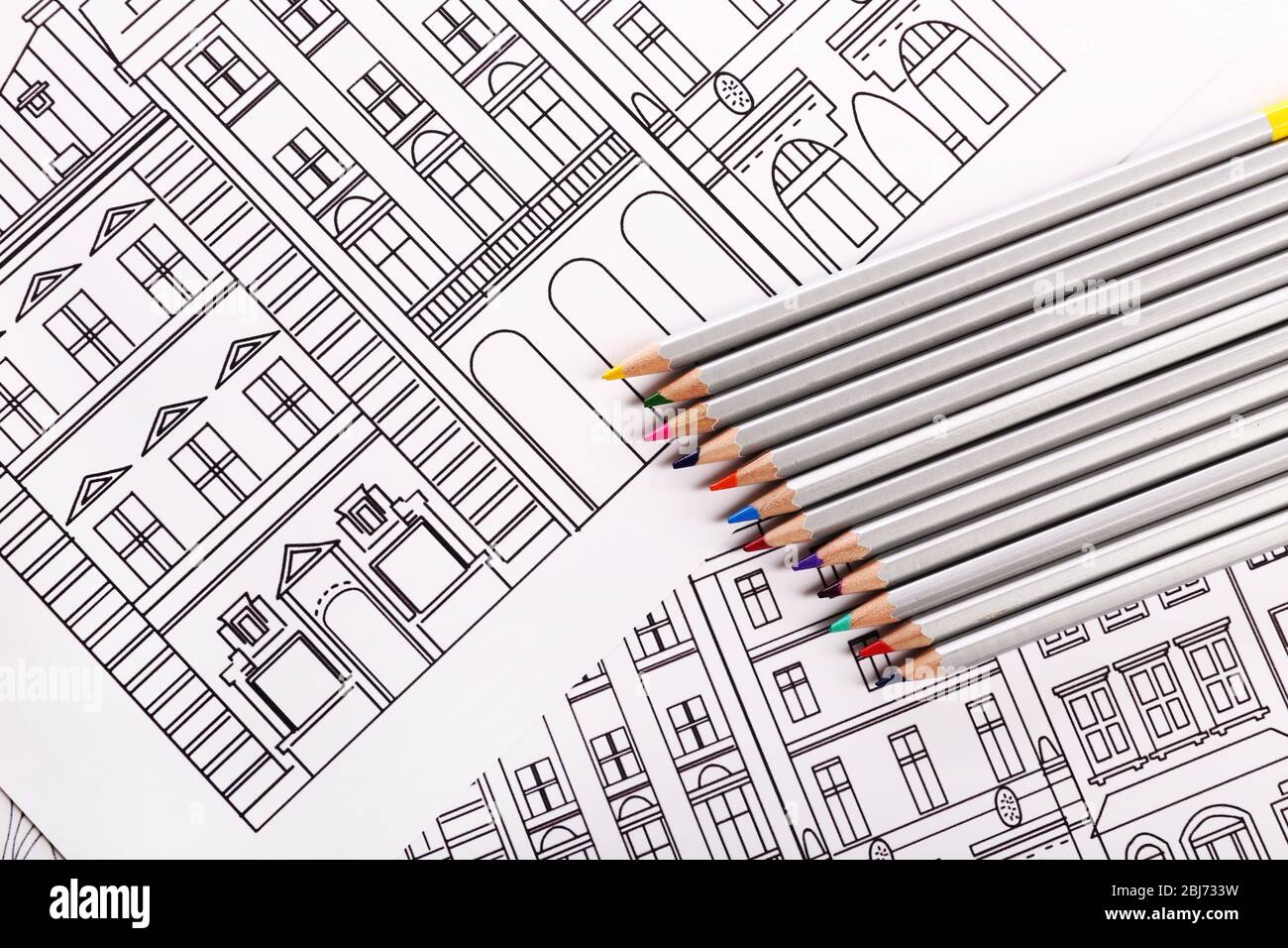 Drawing of buildings and colour pencils Stock Photo - Alamy