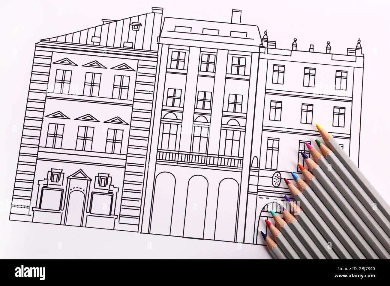 Drawing of buildings and colour pencils Stock Photo - Alamy