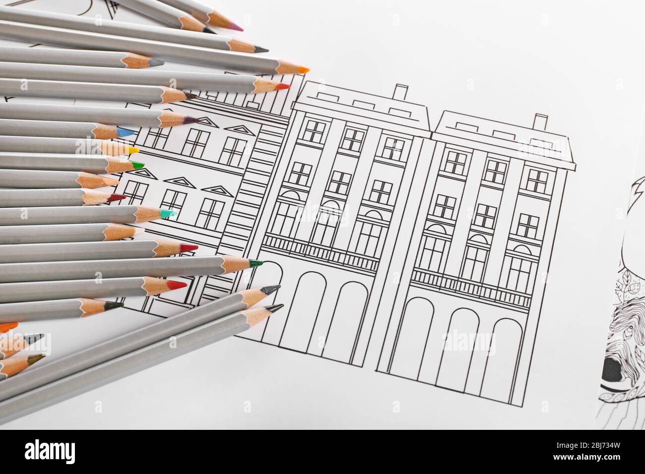 Drawing of buildings and colour pencils Stock Photo - Alamy