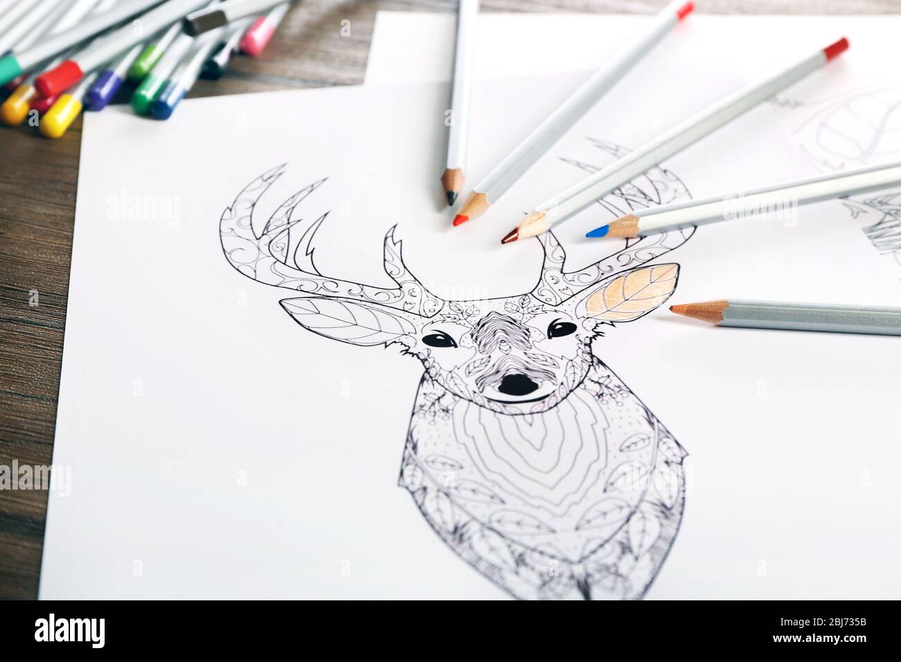 Coloring of deer with pencils on table Stock Photo - Alamy