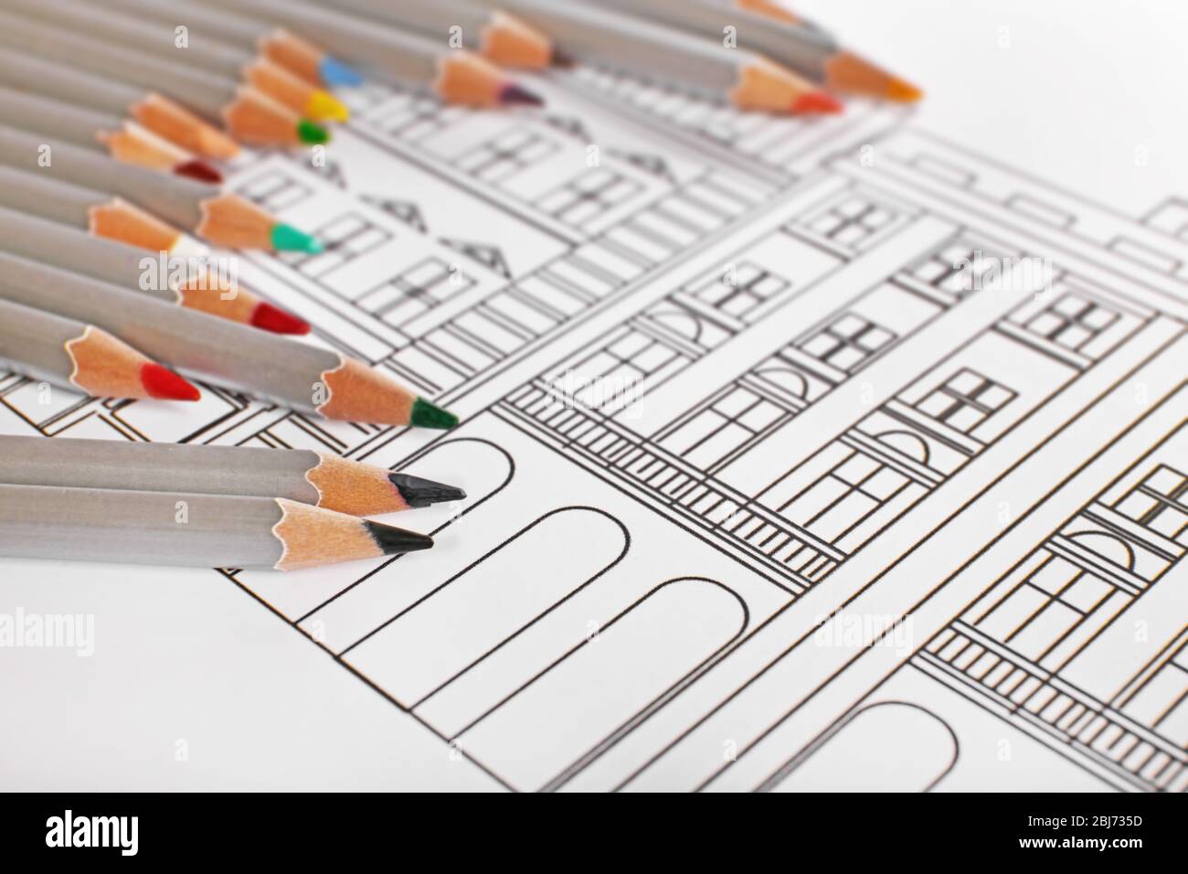 Drawing of buildings and colour pencils Stock Photo - Alamy