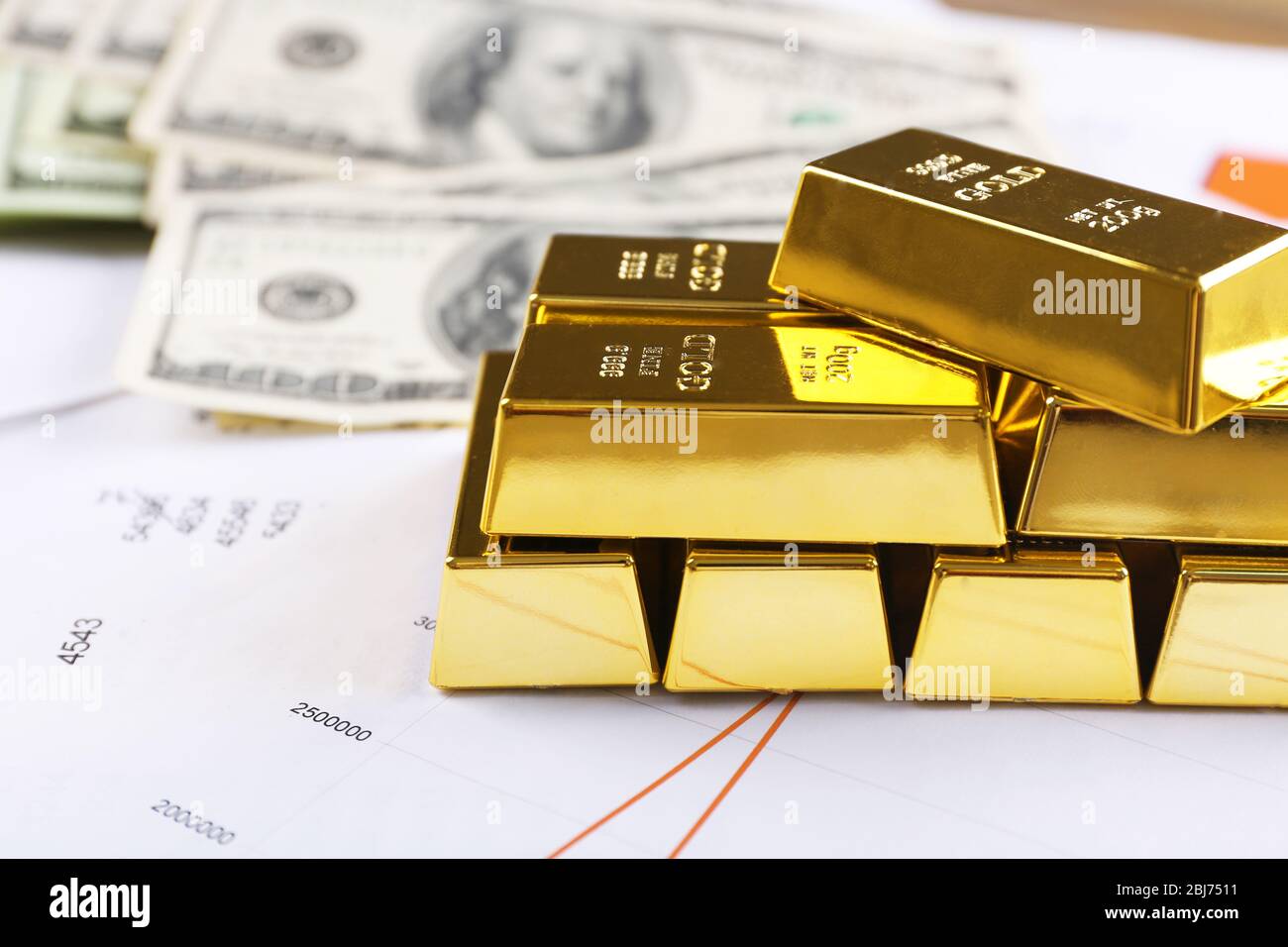 Gold bars with dollar banknotes on paper background Stock Photo - Alamy
