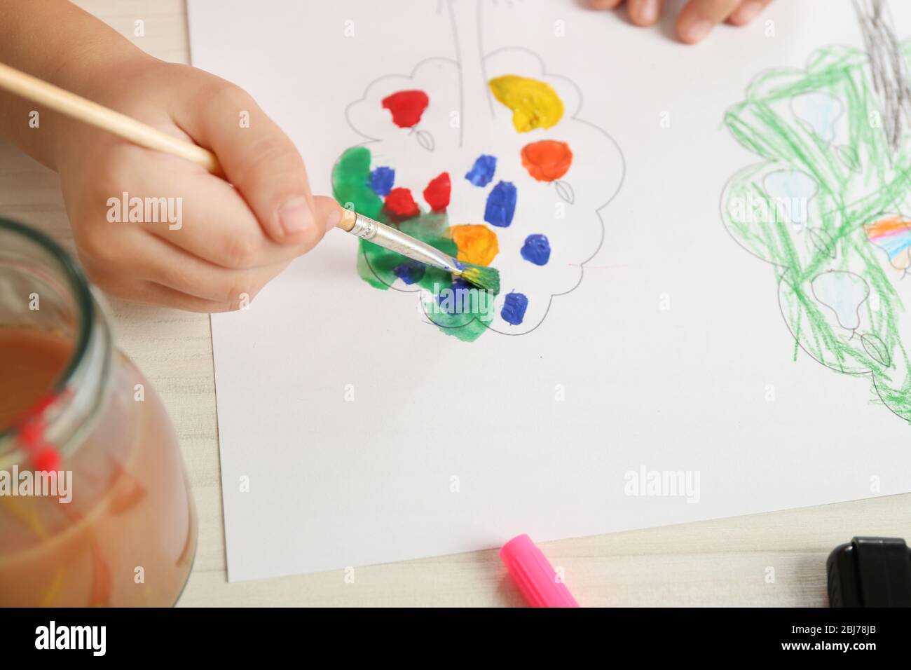 Child drawing tree with bright paints on paper, closeup Stock Photo - Alamy