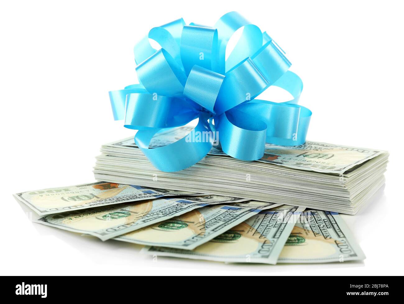 Dollars and big blue bow isolated on white Stock Photo - Alamy