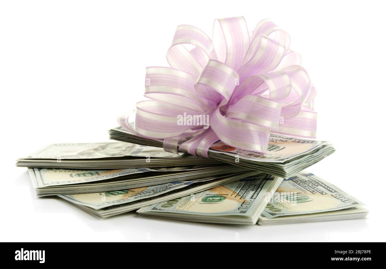 Dollars and big pink bow isolated on white Stock Photo - Alamy