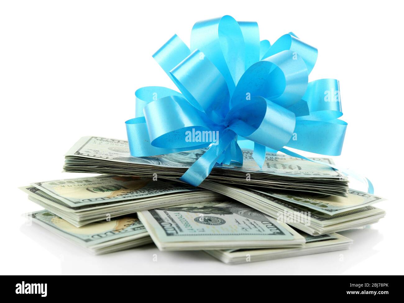 Dollars and big blue bow isolated on white Stock Photo - Alamy