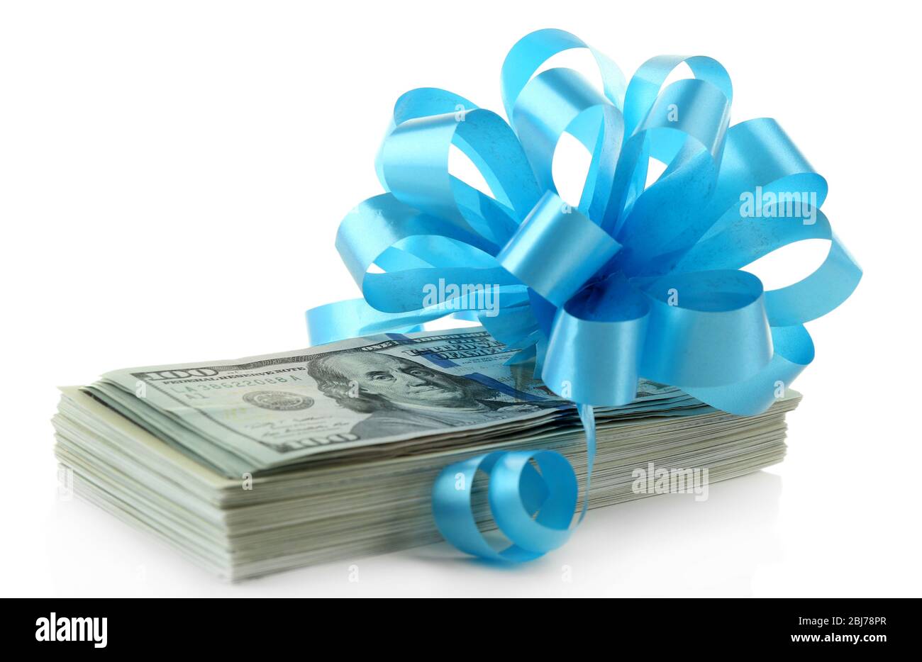 Dollars and big blue bow isolated on white Stock Photo - Alamy