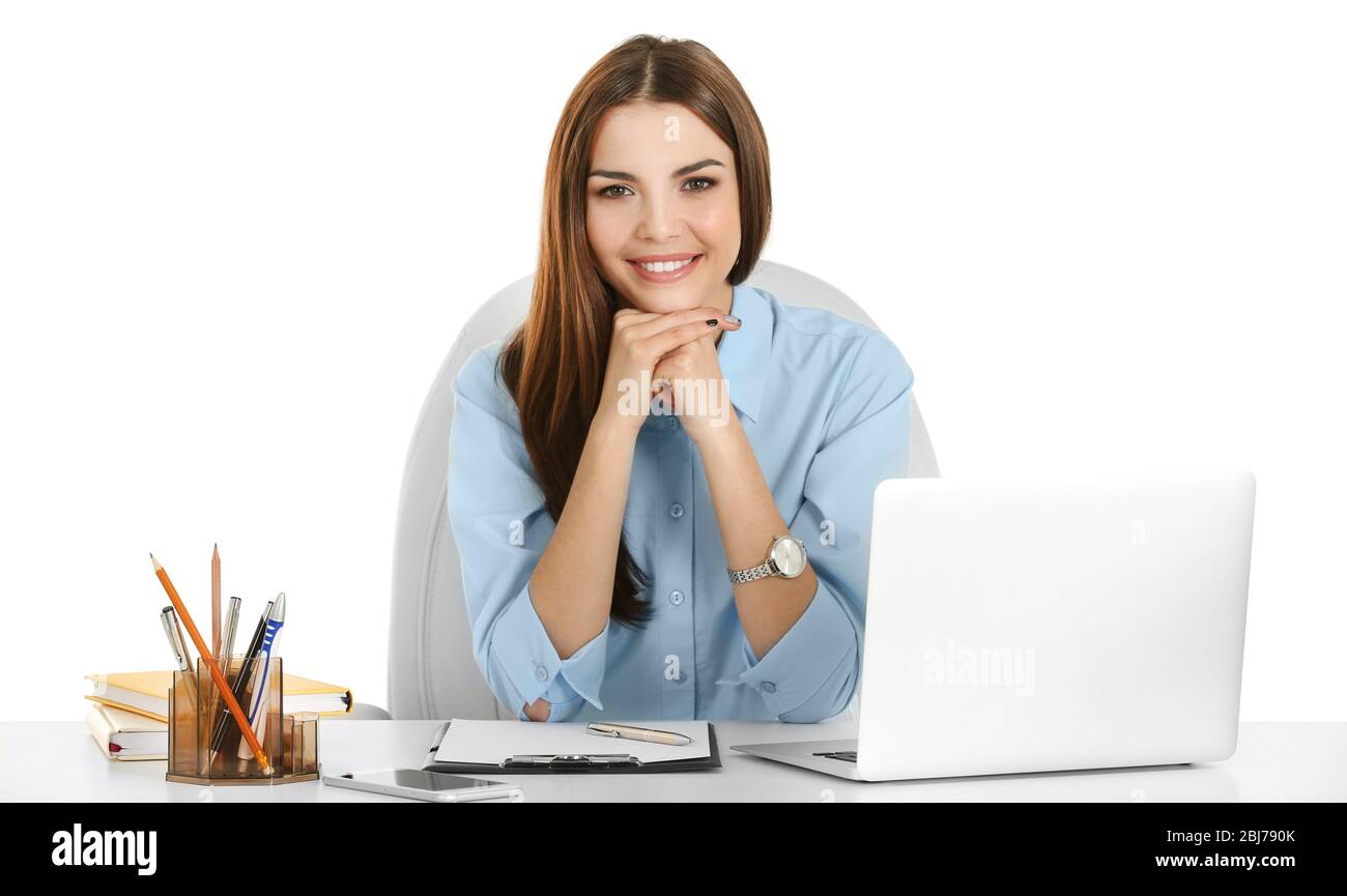 A beautiful happy woman working at the office, isolated on white Stock ...