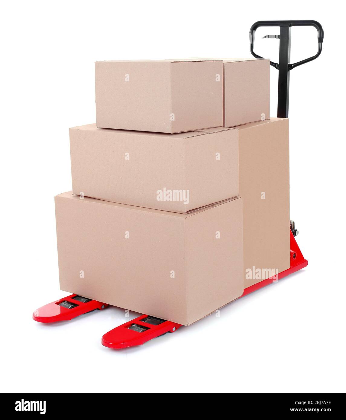 Fork pallet truck with stack of cardboard boxes isolated on white Stock ...